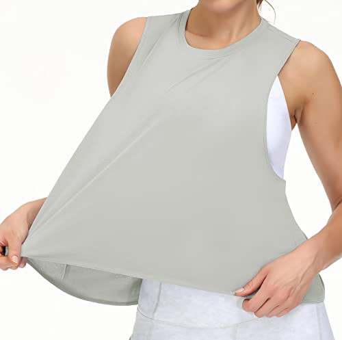 THE GYM PEOPLE Women's Open Cross Back Workout Tank Tops Loose Fit Sleeveless Yoga Running Shirts Light Grey