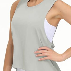 THE GYM PEOPLE Women's Open Cross Back Workout Tank Tops Loose Fit Sleeveless Yoga Running Shirts Light Grey