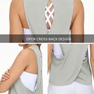 THE GYM PEOPLE Women's Open Cross Back Workout Tank Tops Loose Fit Sleeveless Yoga Running Shirts Light Grey