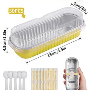 Bigmeta Mini Loaf Pans with Lids and Spoons- 50 Pack 6.8oz Aluminum Bread Cupcake Pie Foil Pans with Sealing Sticker, Rectangle Disposable Cake Tins Brownie Baking Cups for Picnics Party- Gold