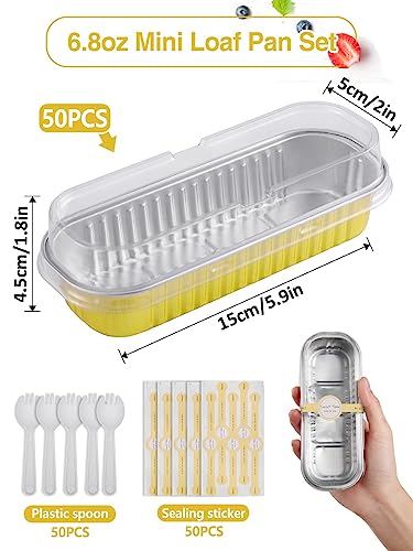 Bigmeta Mini Loaf Pans with Lids and Spoons- 50 Pack 6.8oz Aluminum Bread Cupcake Pie Foil Pans with Sealing Sticker, Rectangle Disposable Cake Tins Brownie Baking Cups for Picnics Party- Gold