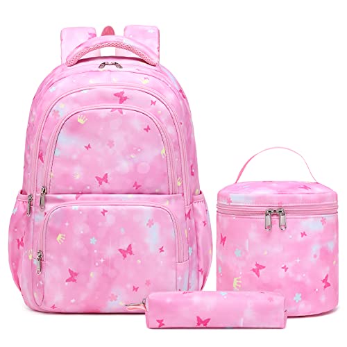 Sunborls Kawaii Backpack Cute Butterfly Exterior Teen Girls School Bookbag with Lunch Pail Pencil Case 3pcs（Pink）