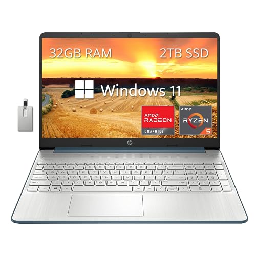 HP 2022 15.6" FHD Laptop, AMD Ryzen 5-5500U Processor, AMD Radeon Graphics, 32GB RAM, 2TB PCIe SSD, HD Webcam, Bluetooth, Wi-fi, Win 11, Blue, 32GB SnowBell USB Card