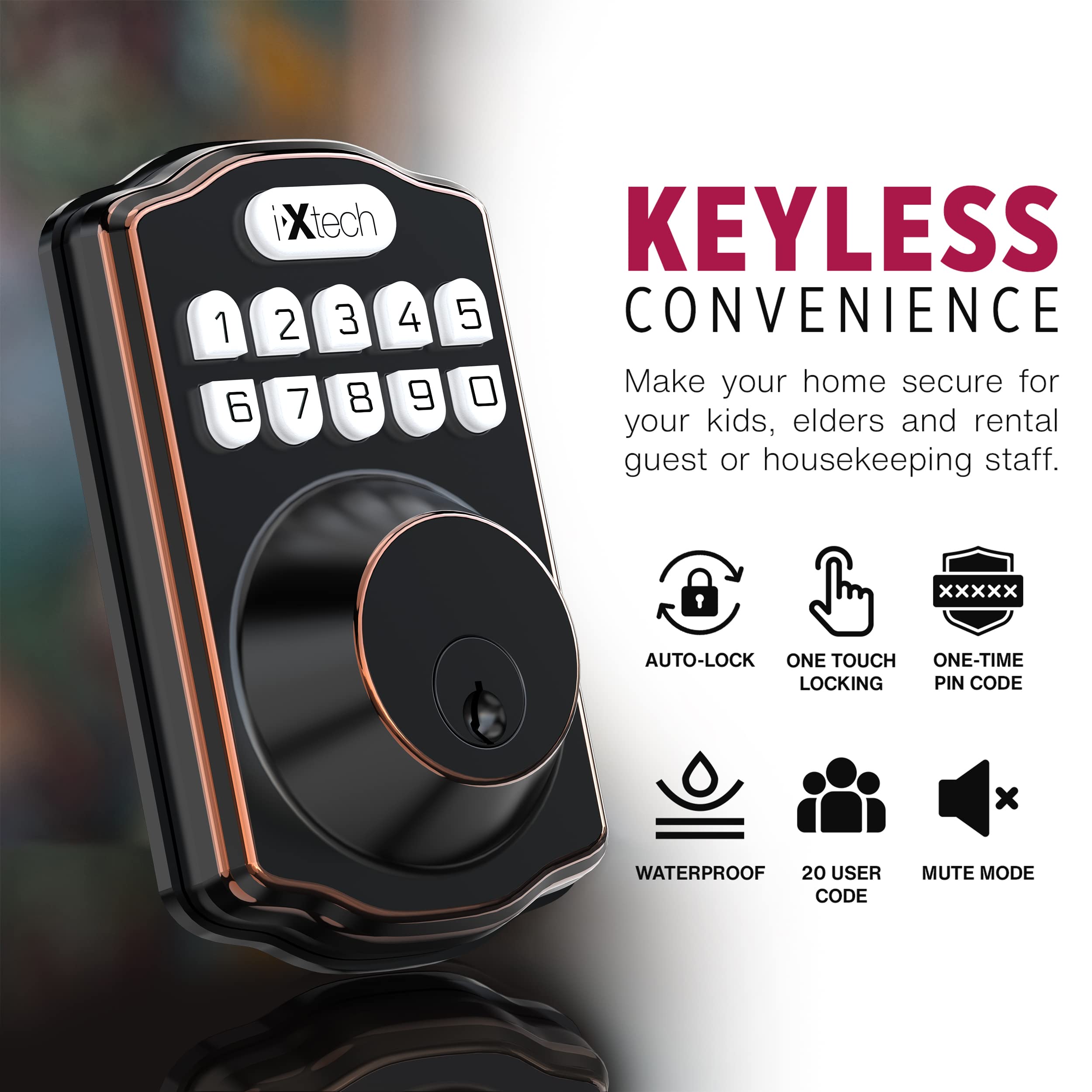 IXTECH Keyless Entry Door Lock, Keypad Door Lock with Handle, Front Door Lock Set for Right and Left Hand Front Doors, Electronic Keypad Deadbolt, Auto Lock, Easy to Install, Oil Rubbed Bronze