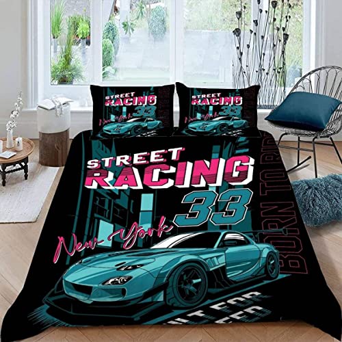 Quilt Cover Twin Size New York Street Racing 3D Bedding Sets Born to Ride Duvet Cover Breathable Hypoallergenic Stain Wrinkle Resistant Microfiber with Zipper Closure,beding Set with 2 Pillowcase