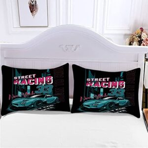 Quilt Cover Twin Size New York Street Racing 3D Bedding Sets Born to Ride Duvet Cover Breathable Hypoallergenic Stain Wrinkle Resistant Microfiber with Zipper Closure,beding Set with 2 Pillowcase