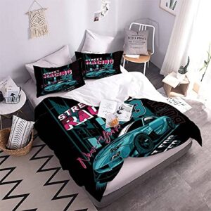 Quilt Cover Twin Size New York Street Racing 3D Bedding Sets Born to Ride Duvet Cover Breathable Hypoallergenic Stain Wrinkle Resistant Microfiber with Zipper Closure,beding Set with 2 Pillowcase