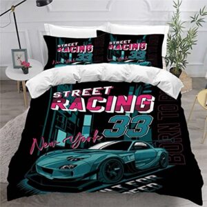 Quilt Cover Twin Size New York Street Racing 3D Bedding Sets Born to Ride Duvet Cover Breathable Hypoallergenic Stain Wrinkle Resistant Microfiber with Zipper Closure,beding Set with 2 Pillowcase