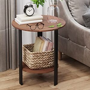 POINTANT Round End Table Round Side Table 20'' Brown Farmhouse End Table for Living Room Bedroom with 2-tire Storage Shelf Mid Century Modern End Table