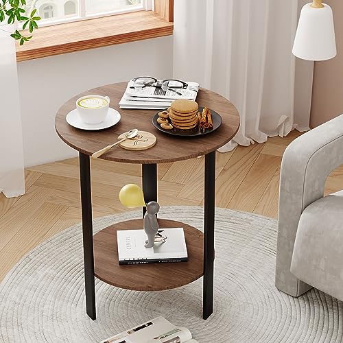 POINTANT Round End Table Round Side Table 20'' Brown Farmhouse End Table for Living Room Bedroom with 2-tire Storage Shelf Mid Century Modern End Table