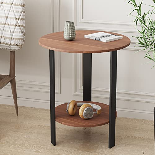 POINTANT Round End Table Round Side Table 20'' Brown Farmhouse End Table for Living Room Bedroom with 2-tire Storage Shelf Mid Century Modern End Table