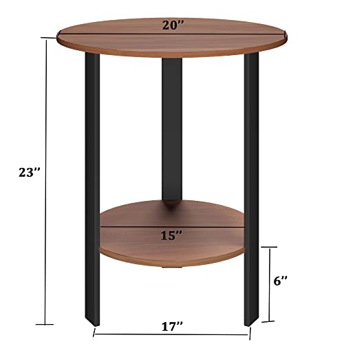 POINTANT Round End Table Round Side Table 20'' Brown Farmhouse End Table for Living Room Bedroom with 2-tire Storage Shelf Mid Century Modern End Table