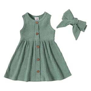 patpat baby girls sleeveless dress infant crewneck solid rib knit tank skirt dress headband 3-6 months green-a