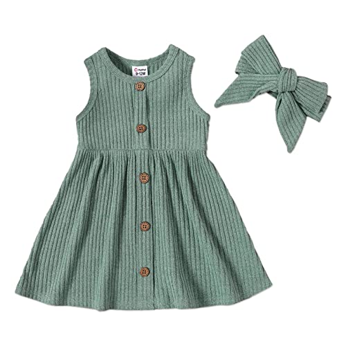 PATPAT Baby Girls Sleeveless Dress Infant Crewneck Solid Rib Knit Tank Skirt Dress Headband 3-6 Months Green-a