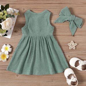 PATPAT Baby Girls Sleeveless Dress Infant Crewneck Solid Rib Knit Tank Skirt Dress Headband 3-6 Months Green-a