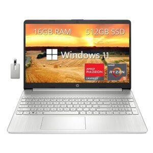 hp 2022 15.6" fhd laptop, amd ryzen 5-5500u processor, 16gb ram, 512gb pcie ssd, amd radeon graphics, hd webcam, wi-fi, bluetooth, win 11, silver, 32gb snowbell usb card