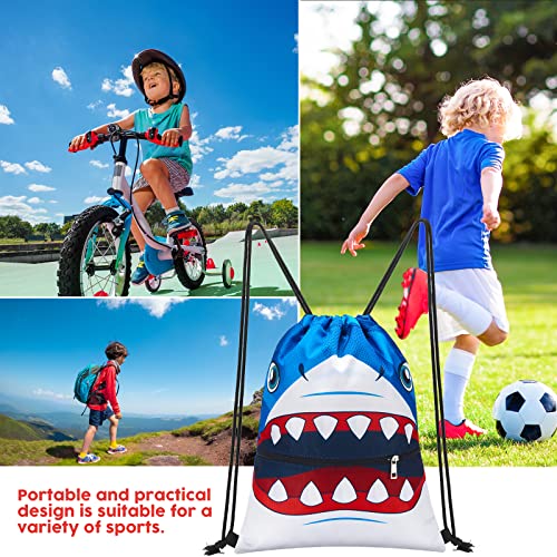 WAWSAM Shark Drawstring Backpack - Drawstring Bags for Boys Kids Swim Bag for Beach Swim Swimming Pool Draw String Bags with Zippered Pocket Waterproof Sports Gym Bag