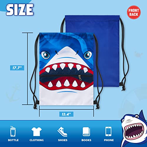 WAWSAM Shark Drawstring Backpack - Drawstring Bags for Boys Kids Swim Bag for Beach Swim Swimming Pool Draw String Bags with Zippered Pocket Waterproof Sports Gym Bag