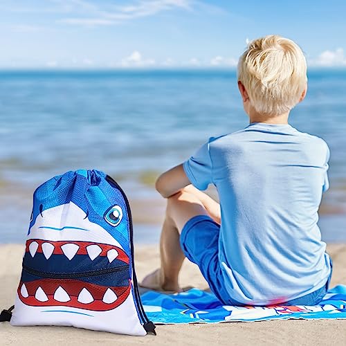 WAWSAM Shark Drawstring Backpack - Drawstring Bags for Boys Kids Swim Bag for Beach Swim Swimming Pool Draw String Bags with Zippered Pocket Waterproof Sports Gym Bag