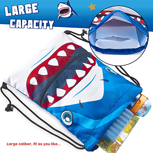 WAWSAM Shark Drawstring Backpack - Drawstring Bags for Boys Kids Swim Bag for Beach Swim Swimming Pool Draw String Bags with Zippered Pocket Waterproof Sports Gym Bag