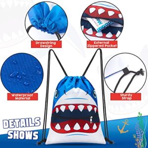 WAWSAM Shark Drawstring Backpack - Drawstring Bags for Boys Kids Swim Bag for Beach Swim Swimming Pool Draw String Bags with Zippered Pocket Waterproof Sports Gym Bag