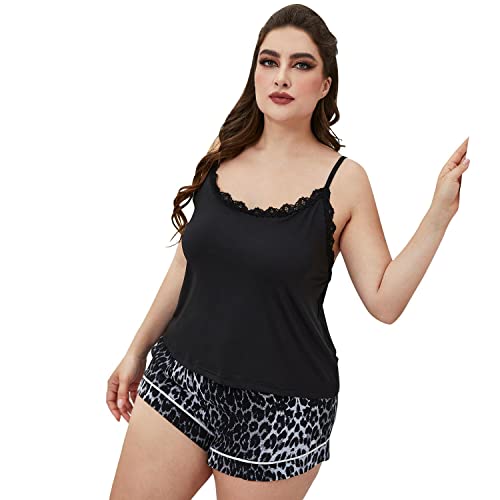 ebukurty Women Plus Size Cami Leopard Shorts Set Sexy Lace Pajama Sets Sleepwear