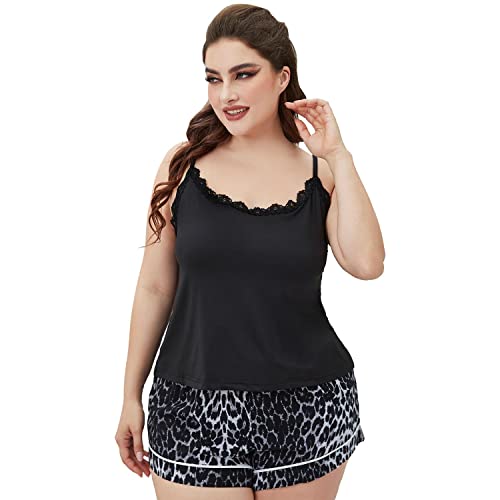 ebukurty Women Plus Size Cami Leopard Shorts Set Sexy Lace Pajama Sets Sleepwear