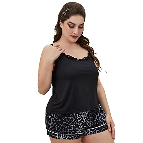 ebukurty Women Plus Size Cami Leopard Shorts Set Sexy Lace Pajama Sets Sleepwear