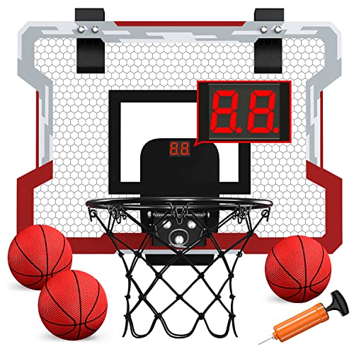 QDRAGON Mini Basketball Hoop with Scoreboard, Over The Door Basketball Hoop Indoor, with 3 Balls/Inflator/Breakaway Rim, Basketball Toy Gifts for Kids/Adults/Boys/Girls, Red