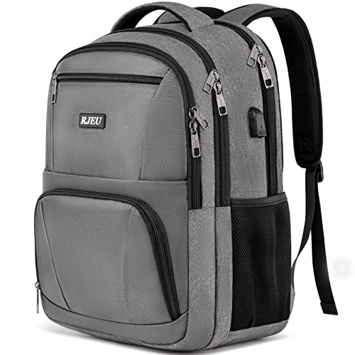 RJEU Backpack for Men and Women, School Backpack for College Students, Teens, with 15.6 inch Laptop Sleeve, Travel Laptops Backpack with USB Charging Port, Ergonomic Straps - Bookbag Grey