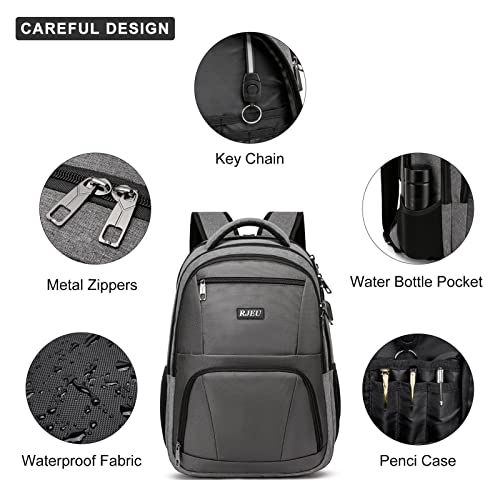 RJEU Backpack for Men and Women, School Backpack for College Students, Teens, with 15.6 inch Laptop Sleeve, Travel Laptops Backpack with USB Charging Port, Ergonomic Straps - Bookbag Grey