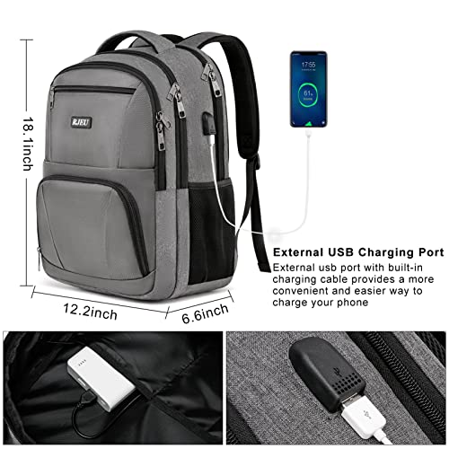 RJEU Backpack for Men and Women, School Backpack for College Students, Teens, with 15.6 inch Laptop Sleeve, Travel Laptops Backpack with USB Charging Port, Ergonomic Straps - Bookbag Grey