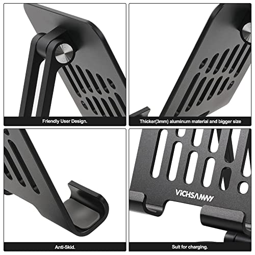 VICHSAMWY Aluminum Adjustable Cell Phone Stand with 360°Rotating Base, Heavy Duty Foldable Stand for All 4-12.9 Inches Phone and Ipad (Black)