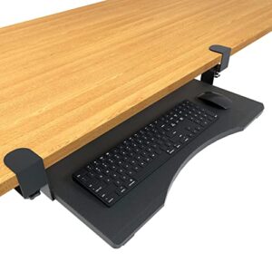 ergonomic under desk keyboard tray with curved design, c-clamp mount, smooth sliding rails, and durable steel construction for comfortable and efficient workstation