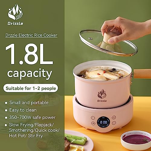 Drizzle Pink Electrical Cooker 1.8L - 6 in 1 Soup,Prridge,Noodle,Steamer,Hot Pot,Delay Start - Multifunctional Hot Pot Non-stick Portable Pan - Egg Rice Ramen Oatmeal Steak Pasta - Dorm Office Hotel Camping