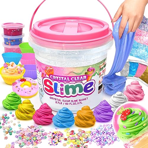 60 FL OZ Clear Slime Kit for Girls: Big Slime Bucket for Kids, Premade Crystal Slime with 35 Pack Slime Accessories, Birthday Gifts for Girls 6-12, Fun DIY Slime, Party Favors Slime Toys