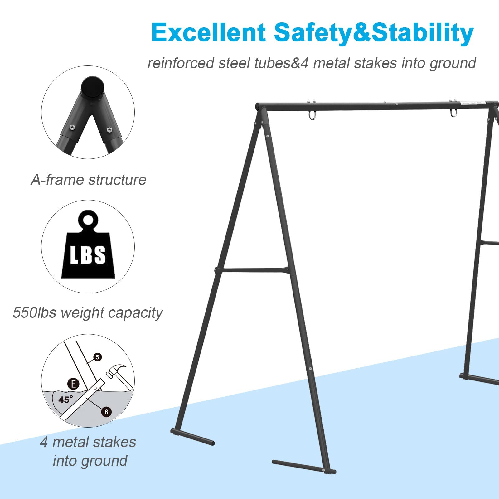 550lbs Swing Stand A Frame Heavy Duty, 71” Height Full Metal Swing Frame,Anti-Rust and All Weather Resistance,Suit Saucer Swing,Swing Chair for Kids in Backyard,Outdoor (Black Frame Without Swing)