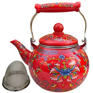 hemoton camping kettle tea pots enamel tea kettle stove teapot with infuser porcelain enameled teakettle hot water kettle pot water coffee warmer for home restaurant 2.2l red coffee pot