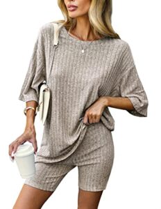 ekouaer pajamas 2 piece lounge sets ribbed knit matching outfits t-shirt biker shorts sleepwear loungewear sweatsuits camel medium