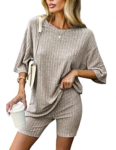 Ekouaer Pajamas 2 Piece Lounge Sets Ribbed Knit Matching Outfits T-shirt Biker Shorts Sleepwear Loungewear Sweatsuits Camel Medium