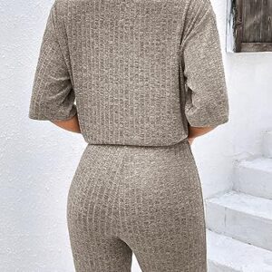 Ekouaer Pajamas 2 Piece Lounge Sets Ribbed Knit Matching Outfits T-shirt Biker Shorts Sleepwear Loungewear Sweatsuits Camel Medium