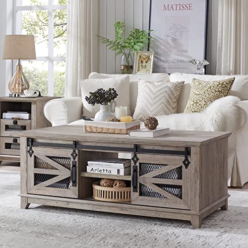 OKD 48'' Coffee Table with Storage & Sliding Barn Doors, Farmhouse & Industrial Cocktail Table w/Adjustable Shelves, Rectangular Rustic Living Room Table for Living Meeting Room, Light Rustic Oak