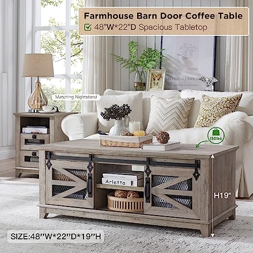 OKD 48'' Coffee Table with Storage & Sliding Barn Doors, Farmhouse & Industrial Cocktail Table w/Adjustable Shelves, Rectangular Rustic Living Room Table for Living Meeting Room, Light Rustic Oak