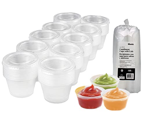 Condiment Cups with Lids, 100 Sets per Pack: Small Plastic Containers for Salad Dressings, Sauce and Jello Shots at Home, Work and Restaurants