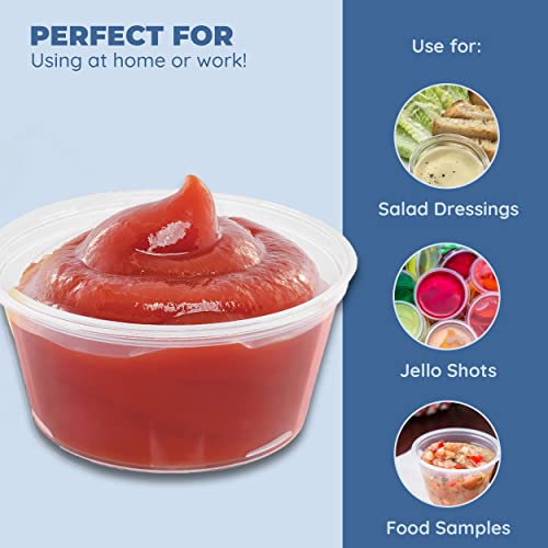 Condiment Cups with Lids, 100 Sets per Pack: Small Plastic Containers for Salad Dressings, Sauce and Jello Shots at Home, Work and Restaurants