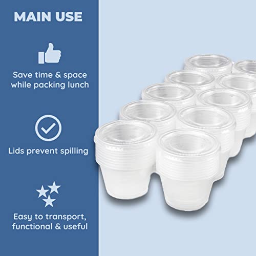 Condiment Cups with Lids, 100 Sets per Pack: Small Plastic Containers for Salad Dressings, Sauce and Jello Shots at Home, Work and Restaurants