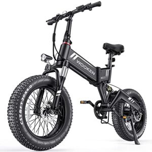 wooken electric bike, 20'' fat tire for adults, 500w folding with 48v 10ah battery, shimano 7 speed gears, dual shock absorber, 20mph ebike commute mountain beach snow.