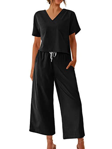 Ekouaer Womens Short Sleeve Top Wide Leg Pants Sleepwear Cotton Linen Loungewear Pajama Set, Black, Medium