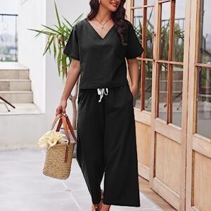 Ekouaer Womens Short Sleeve Top Wide Leg Pants Sleepwear Cotton Linen Loungewear Pajama Set, Black, Medium