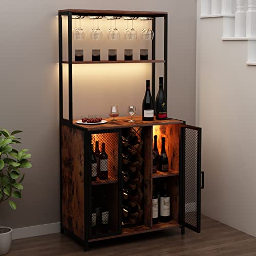 Loomie Wine Bar Cabinet with LED Lights, 5-Tier Industrial Coffee Bar, Buffet Sideboard with Adjustable Shelves, Kitchen Bar Table with Wine Rack Storage and Glass Slots for Liquor and Glasses,Rustic